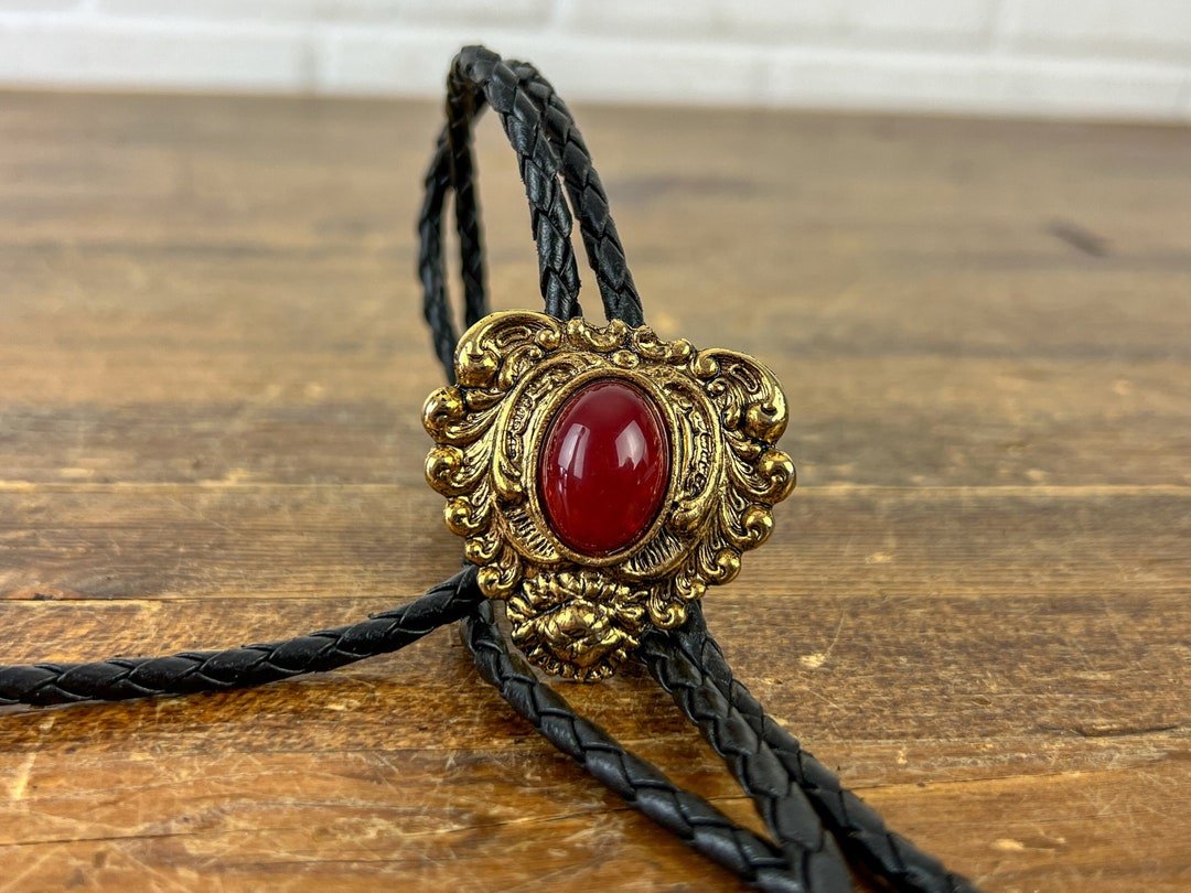 Vintage Red and Black Bolo Tie With Black Leather Strap and Brass Tips ...