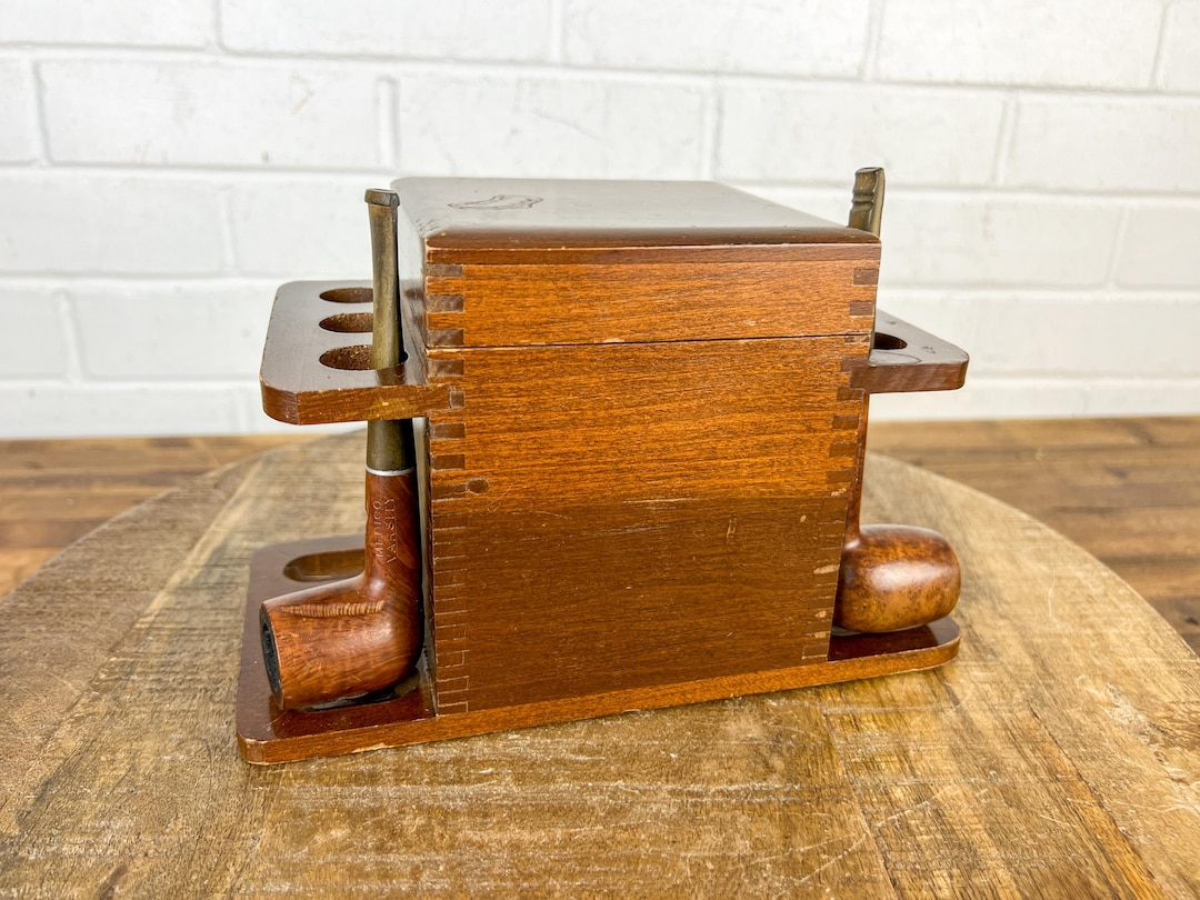 Vintage Wooden Pipe Rack Caddy With Tobacco Humidor Box and 6 Slots ...