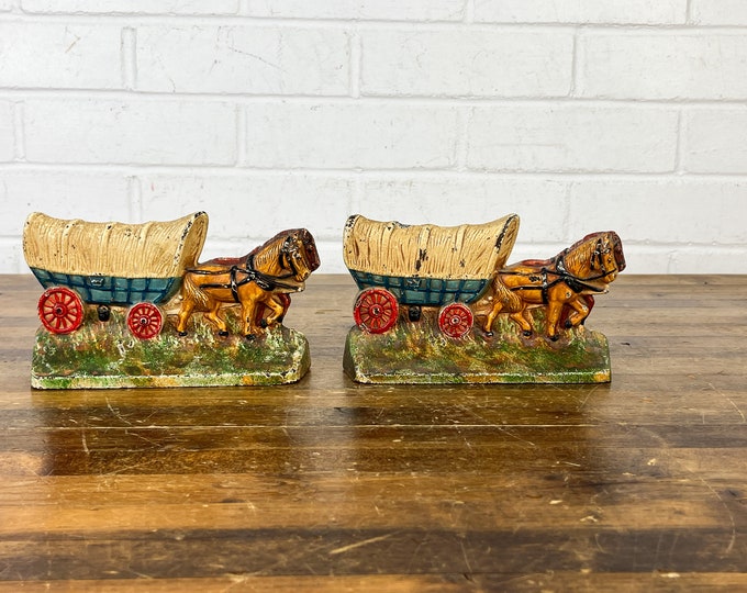 Vintage Hubley Covered Wagon Cast Iron Bookends Farmhouse Shelf Decor ...