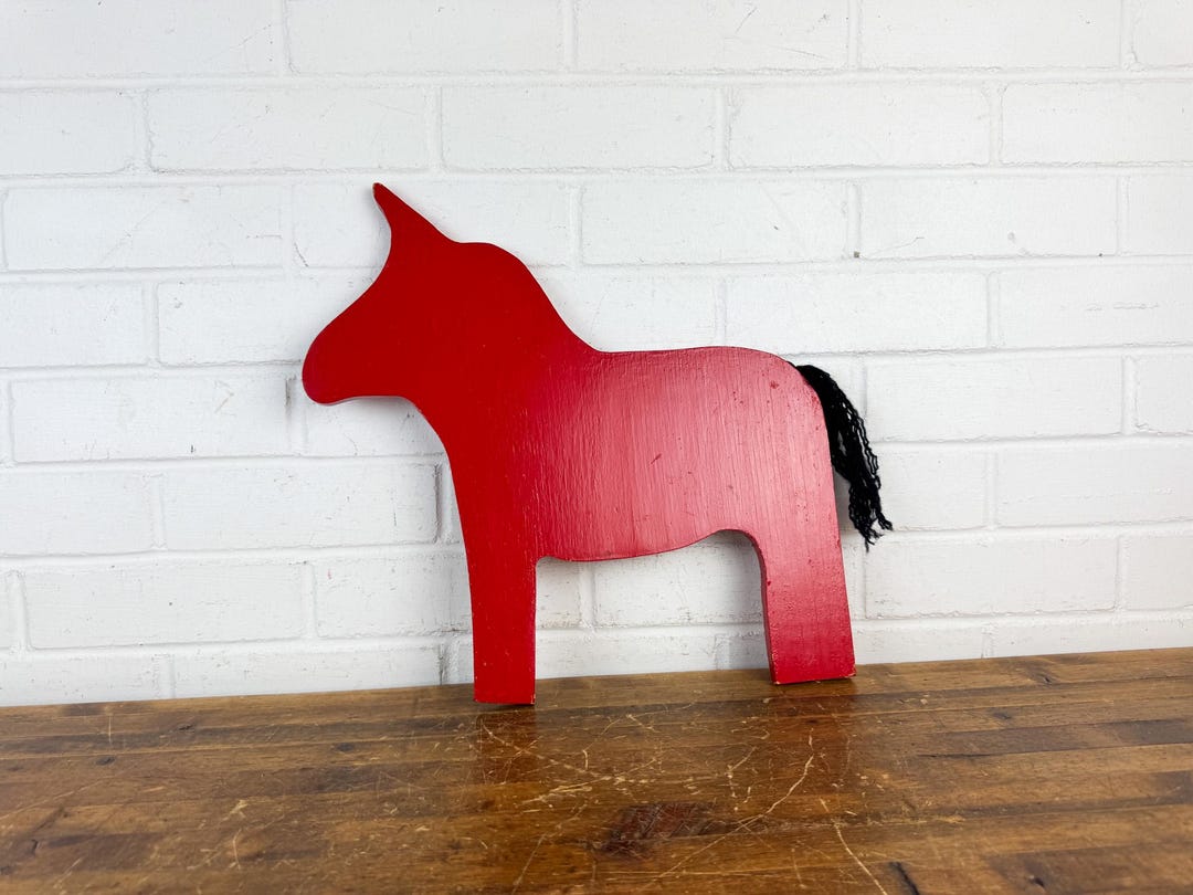 Vintage Red Wooden Dala Horse Cutout With Black Yarn Tail – Swedish ...