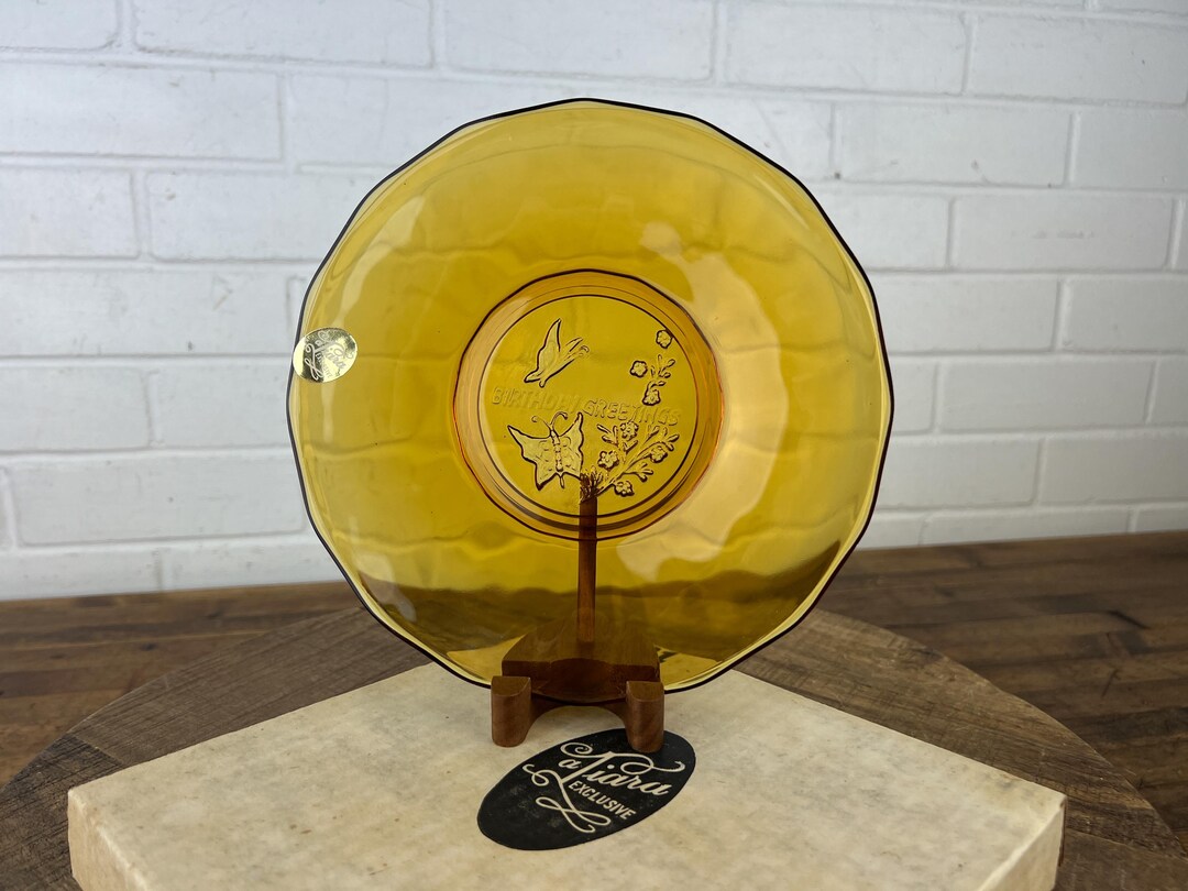 Vintage Amber Glass Birthday Greetings Plate Pressed Glass Birthday ...