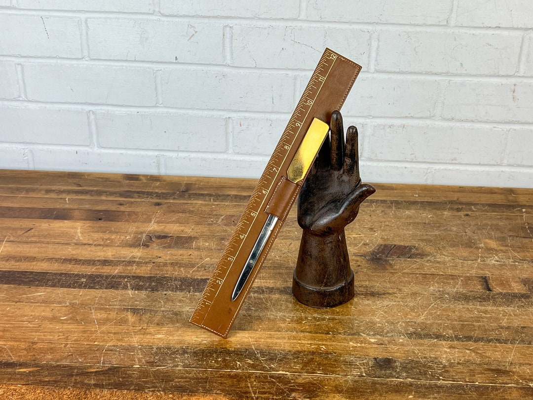 12" Vintage Leather Ruler and Letter Opener Combo Brown Leather ...