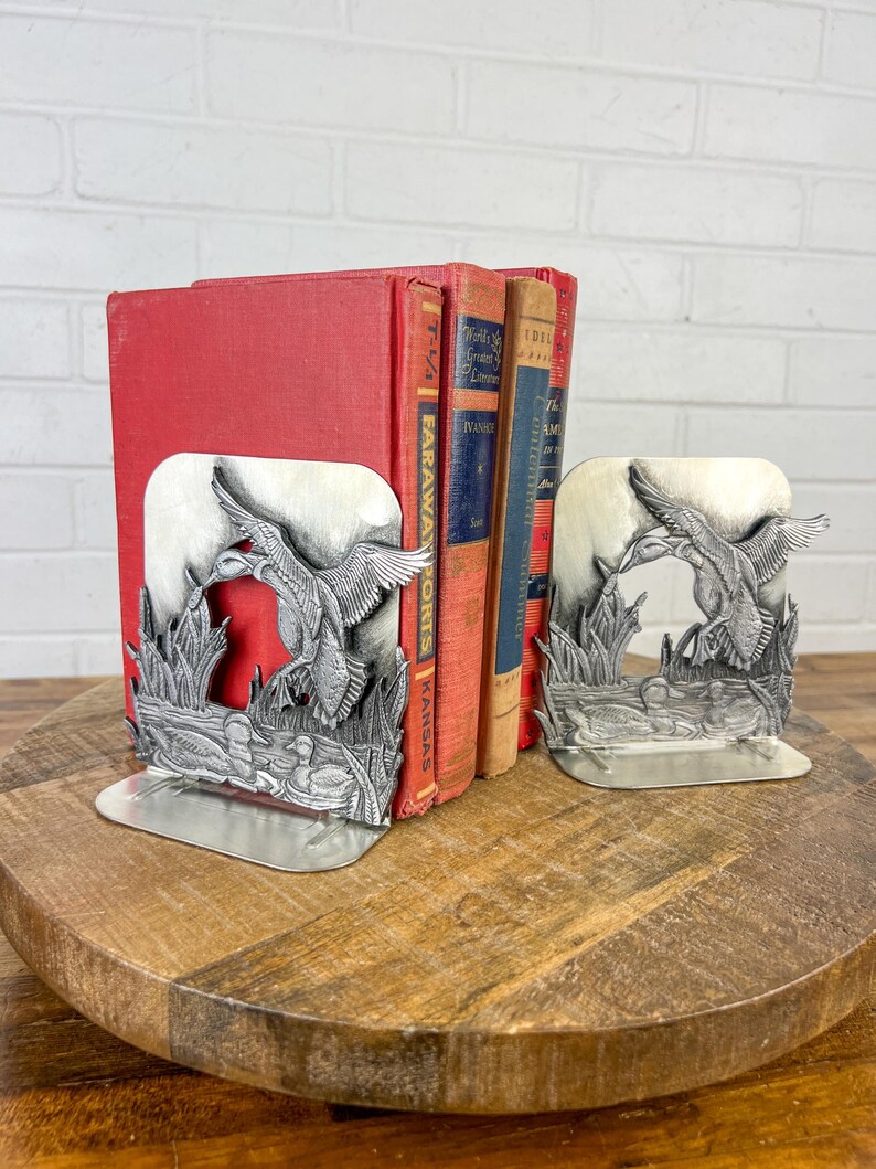 Pair of Vintage Pewter Duck Bookends Matching Set Silver Bookends Book ...