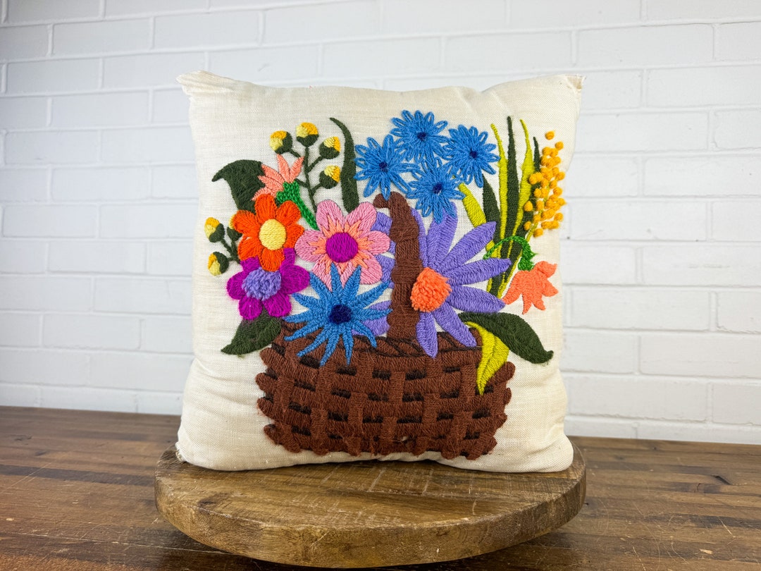 Handmade Embroidered Floral Decorative Pillow Authentic Vintage Throw ...