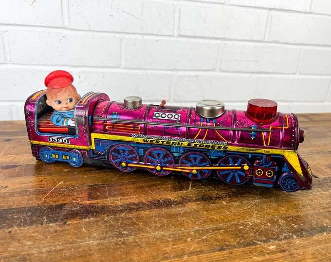 Working 14" Vintage Tin Metal Toy Train Battery Powered Tin Toy Train ...