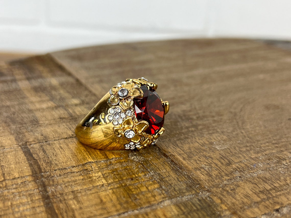 Large Vintage Costume Jewelry Gold Ring With Red Gemstone and - Etsy