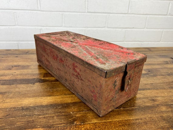 Vintage Distressed Red Metal Box With Top Hinged Lid Latch and - Etsy