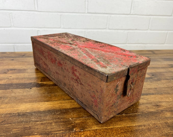 Vintage Distressed Red Metal Box With Top Hinged Lid Latch and Handle ...