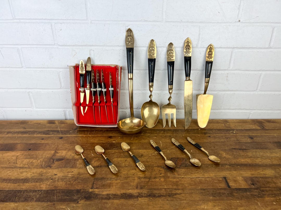 17 Piece Vintage Bronze Serving Utensils With Wood Handles Large Knife ...