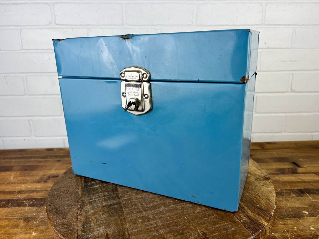 Vintage Locking Industrial Blue Metal File Box Porta File With Key ...