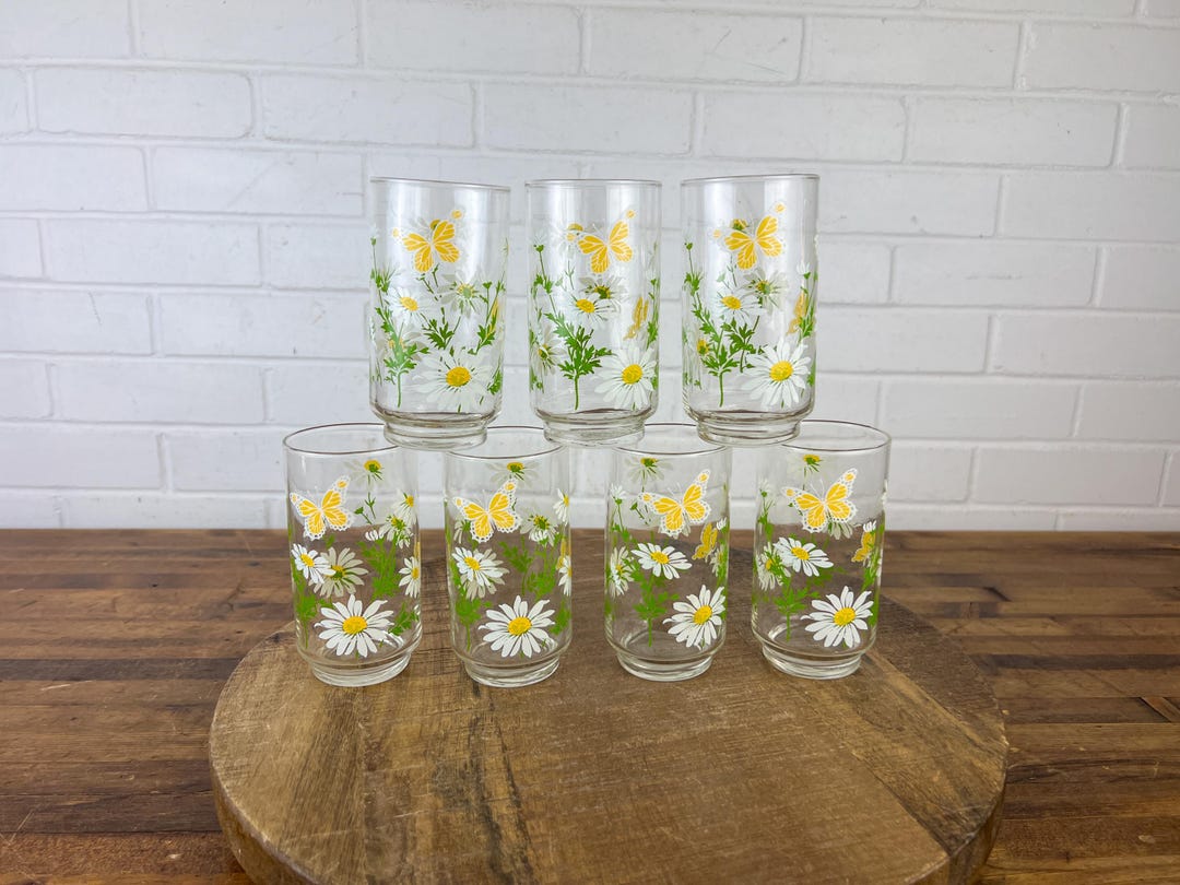 Set of 7 Vintage Libbey Drinking Glasses With White Flowers Yellow ...