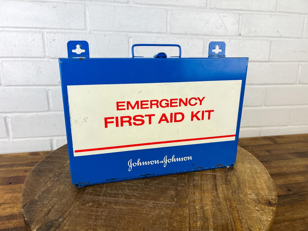 Vintage Blue & White Metal First Aid Kit Box That Hangs Vintage Pool ...