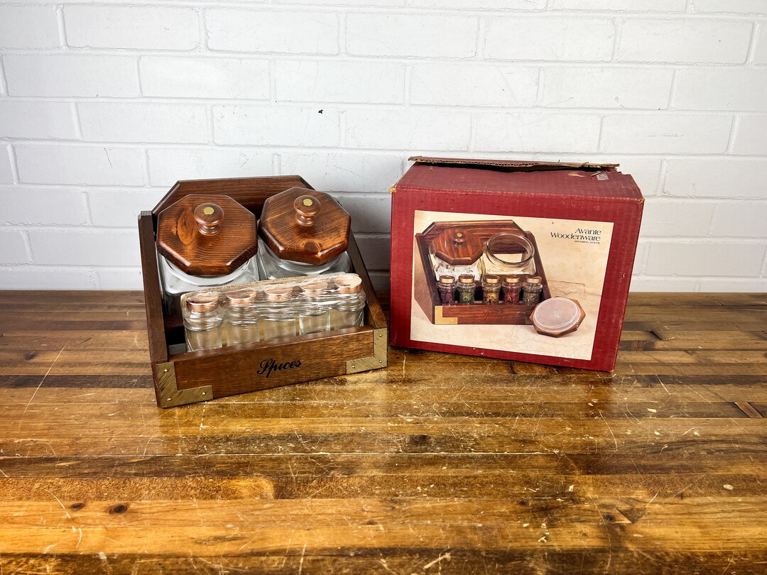 Set of 2 Vintage Clear Glass Canister With Brown Wood Holder Wall Spice ...