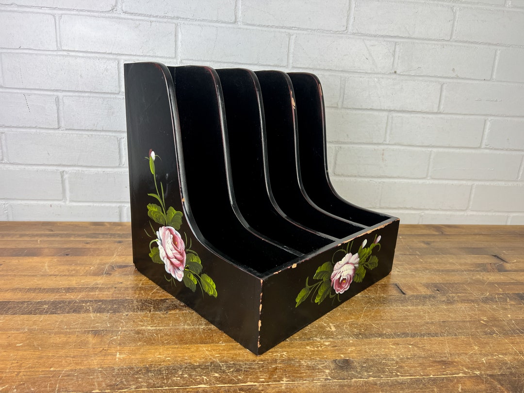 Vintage Black Floral Wood Desk Organizer With 4 Sections Office Desktop ...