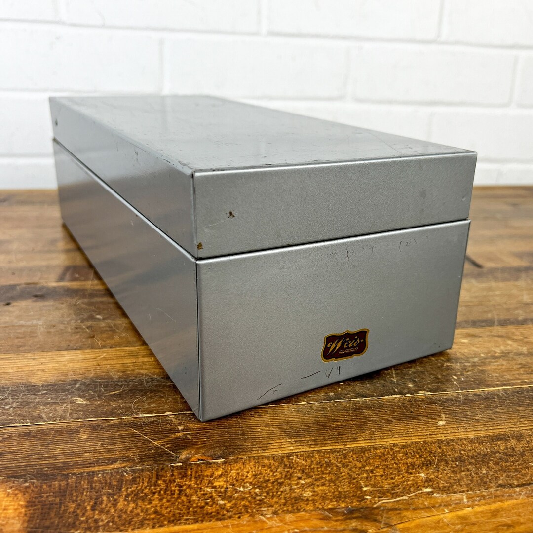 13" Vintage Weis Silver Metal Box With Lid for 3x5 Cards Small File ...