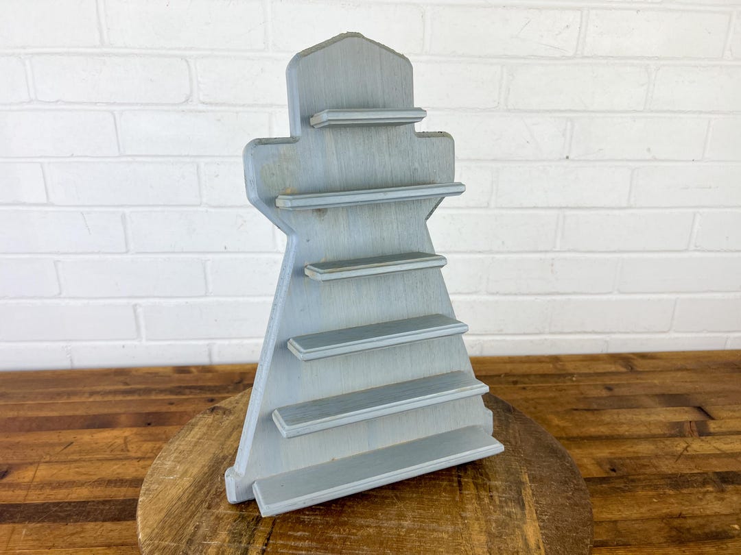 Vintage Blue Wood Lighthouse Shape Shelf to Display Miniatures Trinket ...
