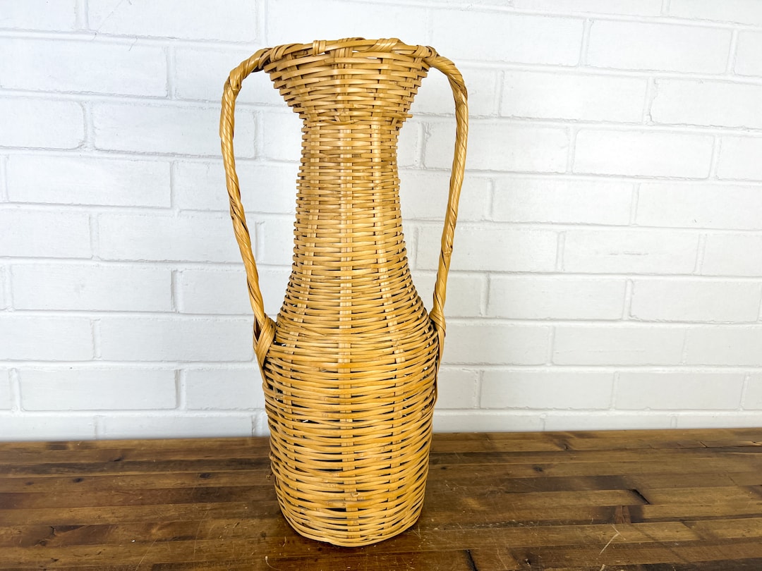 29" Tall Wicker Vase Wood Wicker Vase With Handles Decorative Beige Brown Wooden Vase for Floor ...