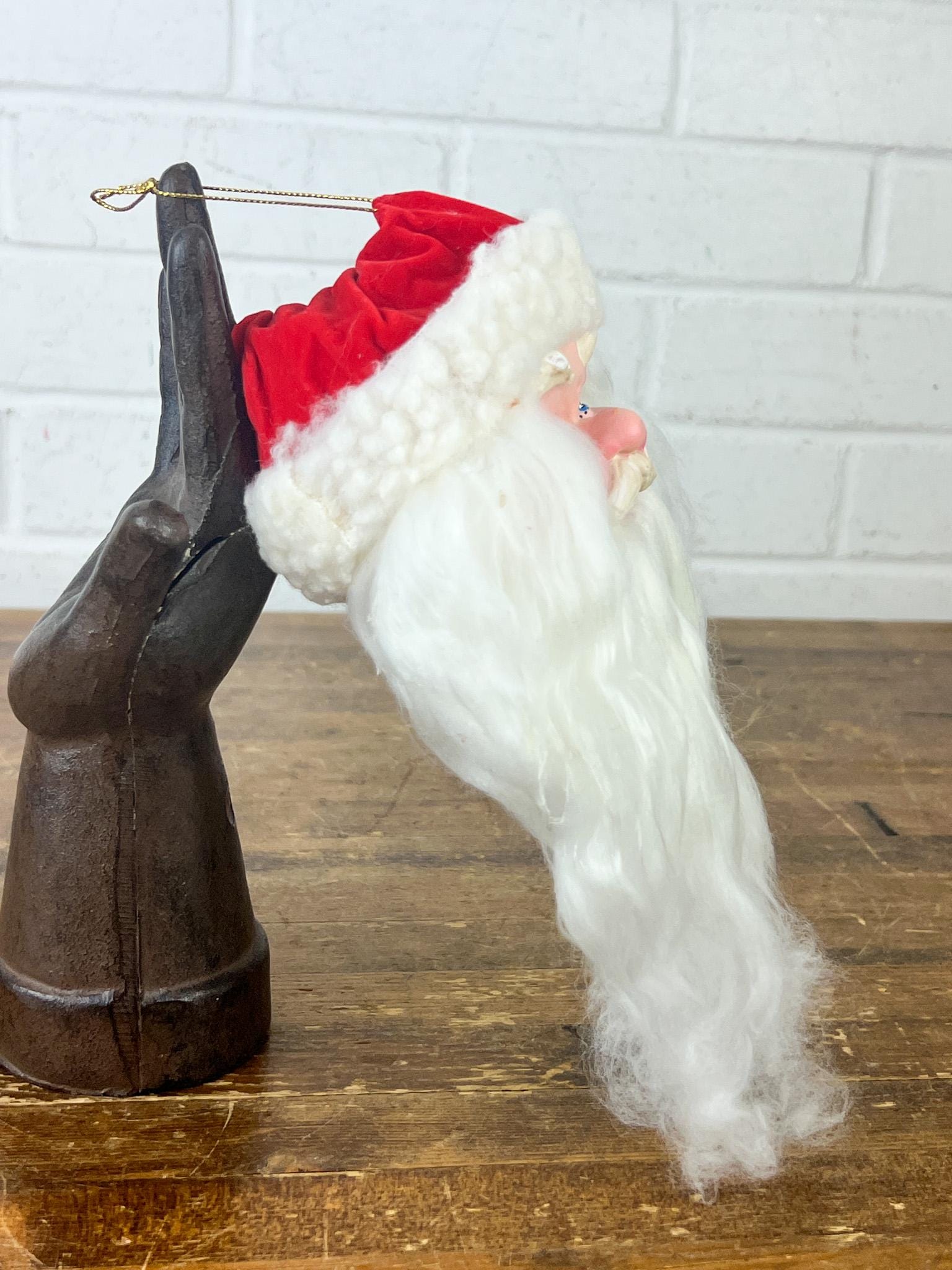 Vintage Santa Claus Head Ornament • Hand-painted Plastic Face • Velvet ...