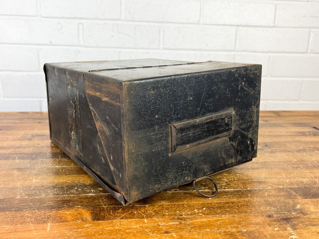 Vintage Black Distressed Metal Box Lid File Box Holds Paper Industrial ...