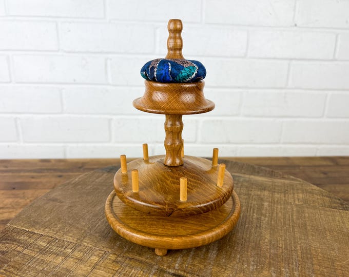Vintage Spinning Wooden Thread Spool Storage Pedestal With Pin Cushion ...
