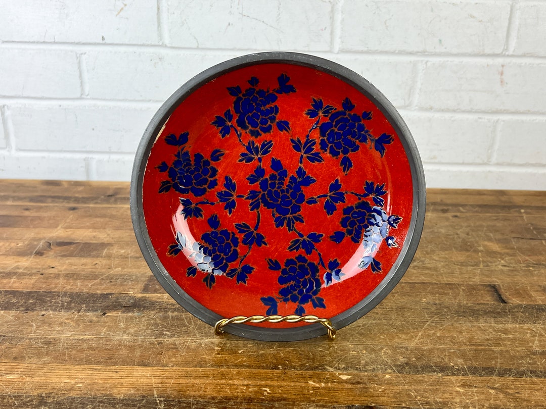 Vintage Red Blue Flower Porcelain Bowl With Pewter Casing ACF Japanese ...