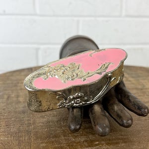 Small Vintage Ornate Silver Floral Metal Box With Red Cloth Victorian