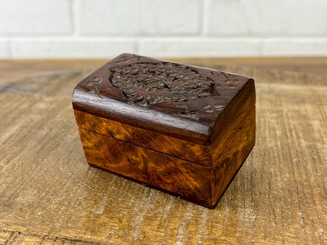 3" Mini Vintage Wood Box With Lid Carved Flowers Tiny Brown Wood ...