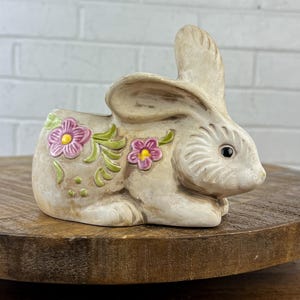 Vintage Ceramic Rabbit Planter With Purple Flowers Beige Inarco Bunny ...