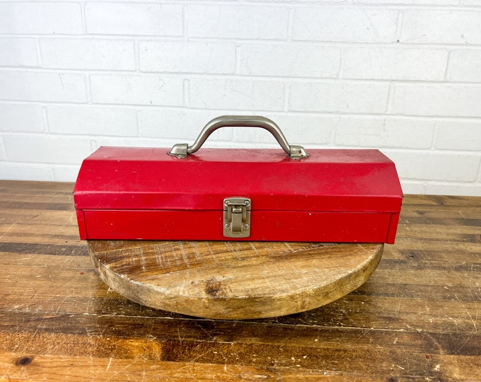 Distressed Vintage Red Metal Tool Box Chest Industrial Decor & Storage ...