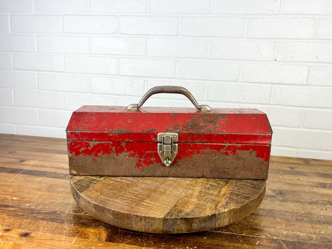 Distressed Red Vintage Wide Metal Toolbox With Tray and Silver Accents ...