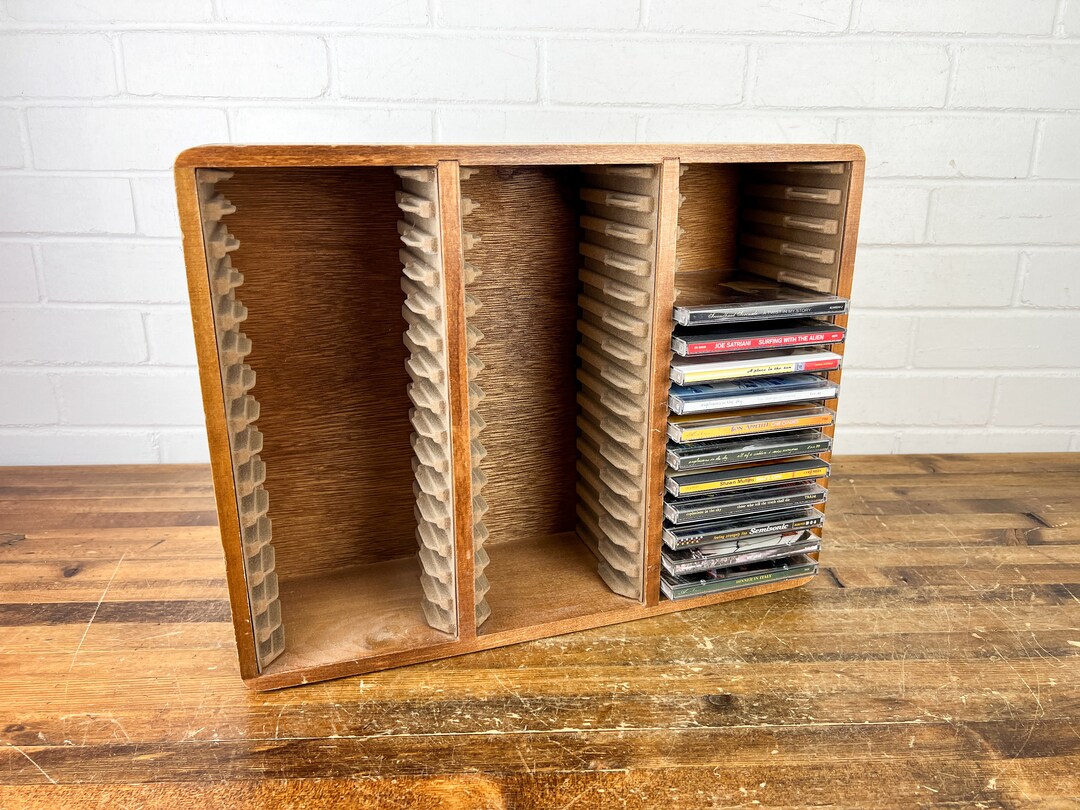Vintage Wood Compact Disc Holder Holds 45 Cds Storage Wooden CD Audio ...