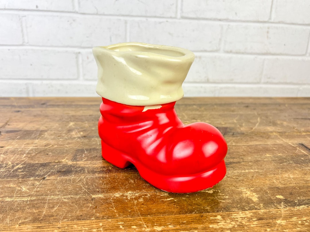 Vintage Red Ceramic Santa Boot Planter • Holly & Gold Buckle Christmas ...