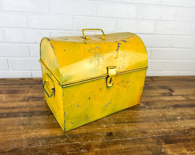 Vintage Yellow Distressed Metal Box With Dome Lid and Handles ...
