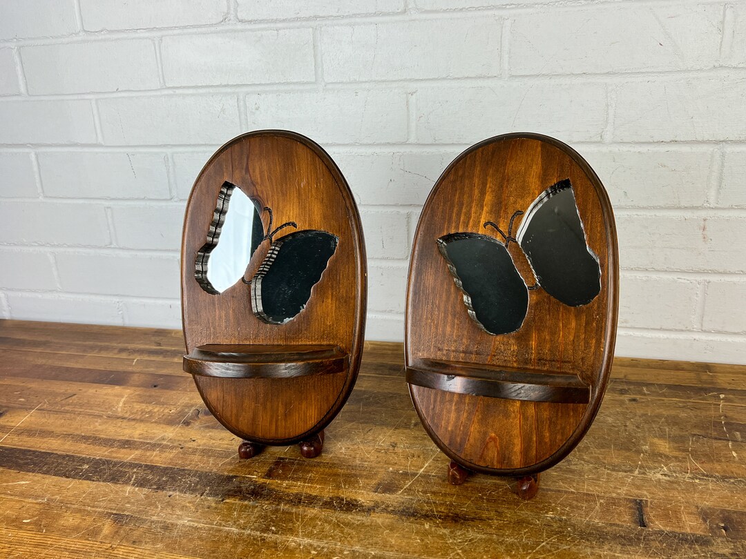 Pair Vintage Boho Butterfly Wall Shelf Mirror Butterflies Small Brown ...