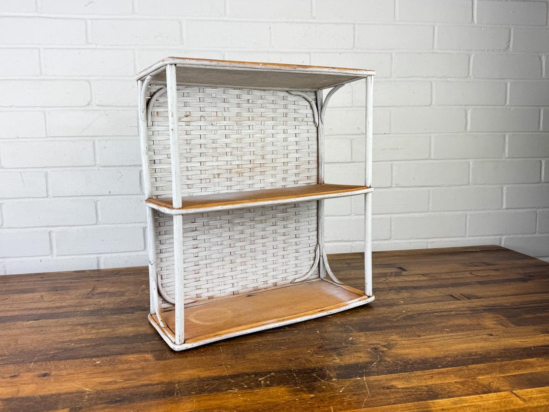 Vintage White and Brown Wicker Shelf Wall Shelf Tabletop Shelf Wooden ...