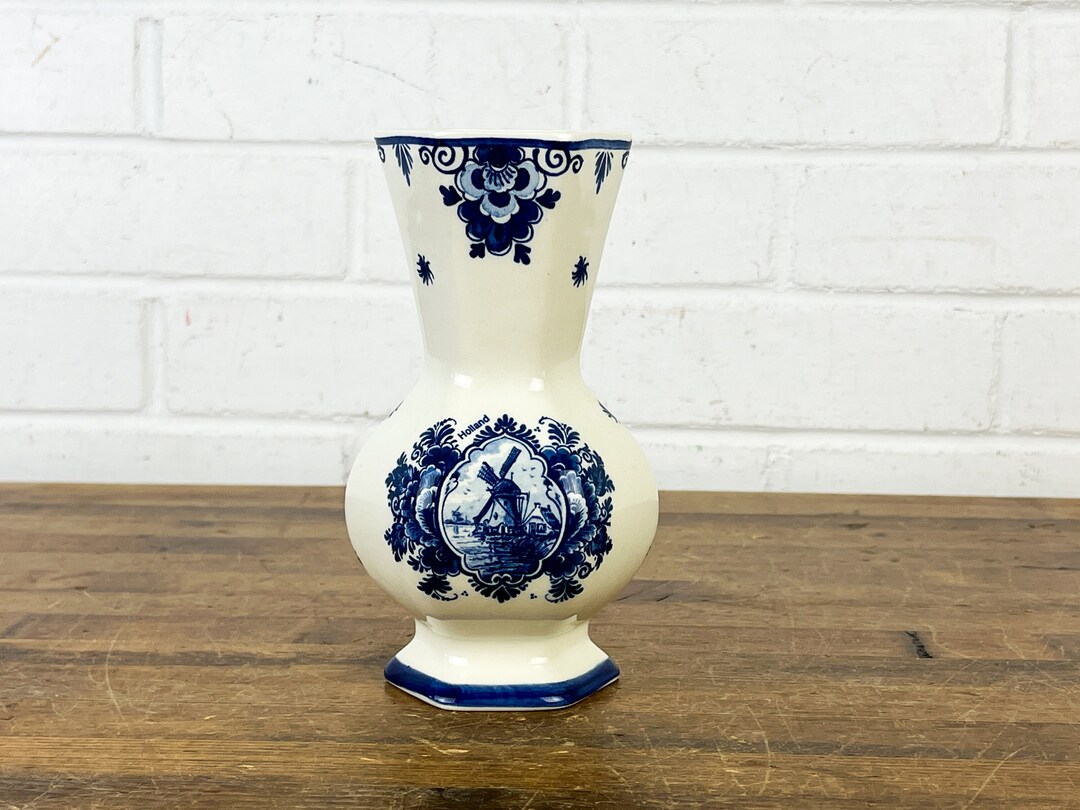 Vintage Delft Blueware Vase With Flowers and Windmill Hand Painted Blue ...