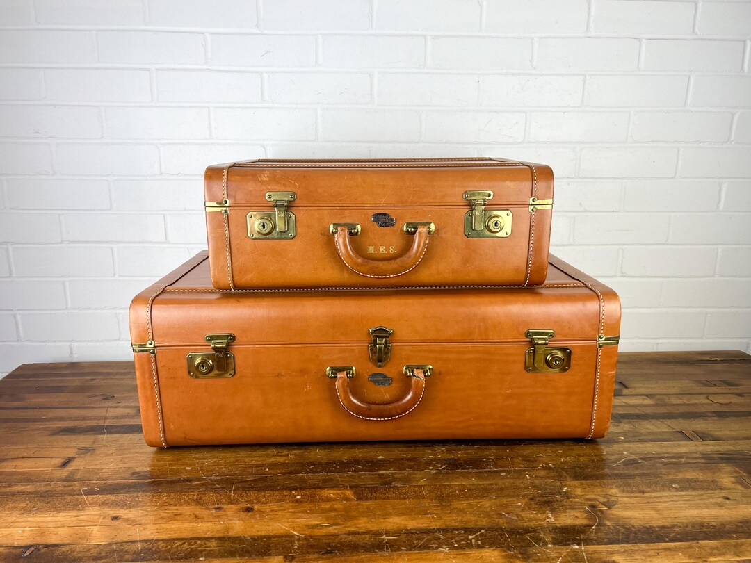 Pair Vintage Brown Leather Suitcase Box California Stylings Ace Leather ...