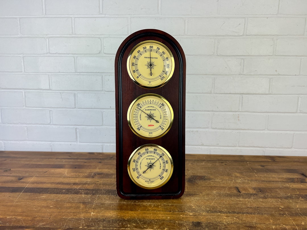 Vintage Sunbeam Brown Wood Weather Station Hanging Hygrometer Barometer ...