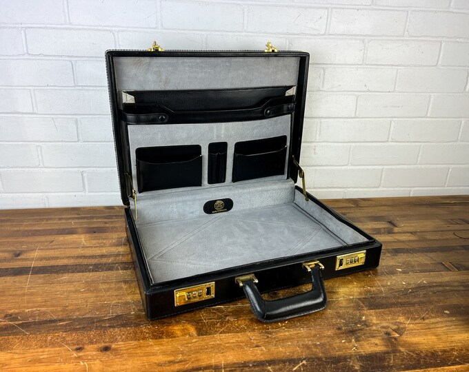 Vintage Black Leather Briefcase Box With Gray Suede Interior Briefcase ...