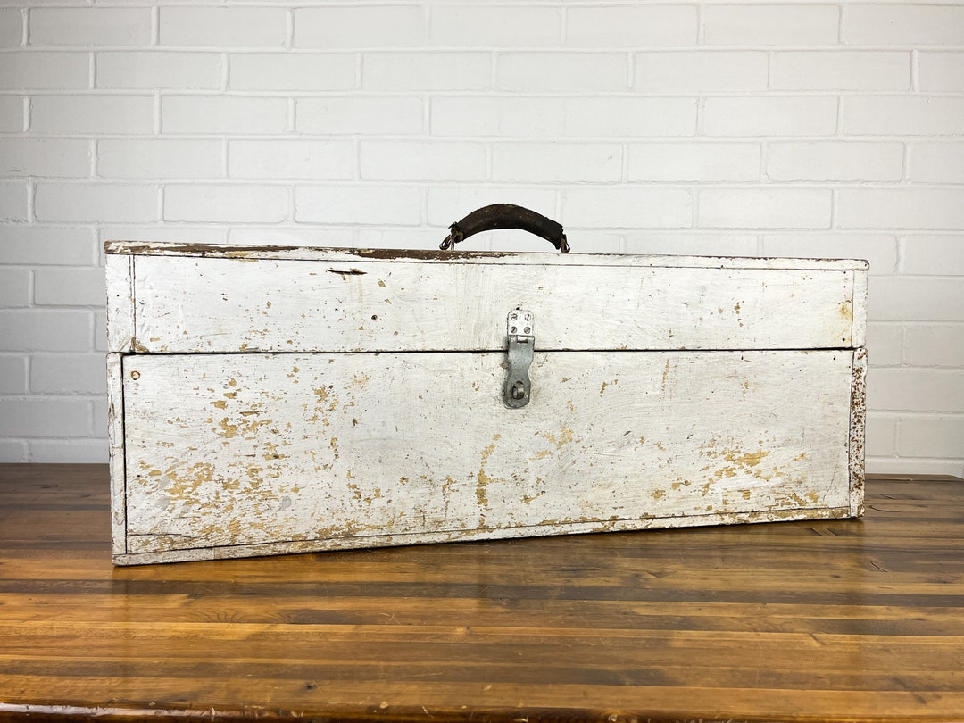Large Distressed White Wood Tool Box With Two Compartments Vintage ...
