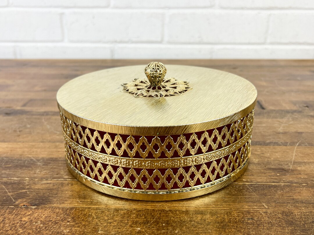 Vintage Round Gold Metal Decorative Box With Lid Hollywood Regency ...