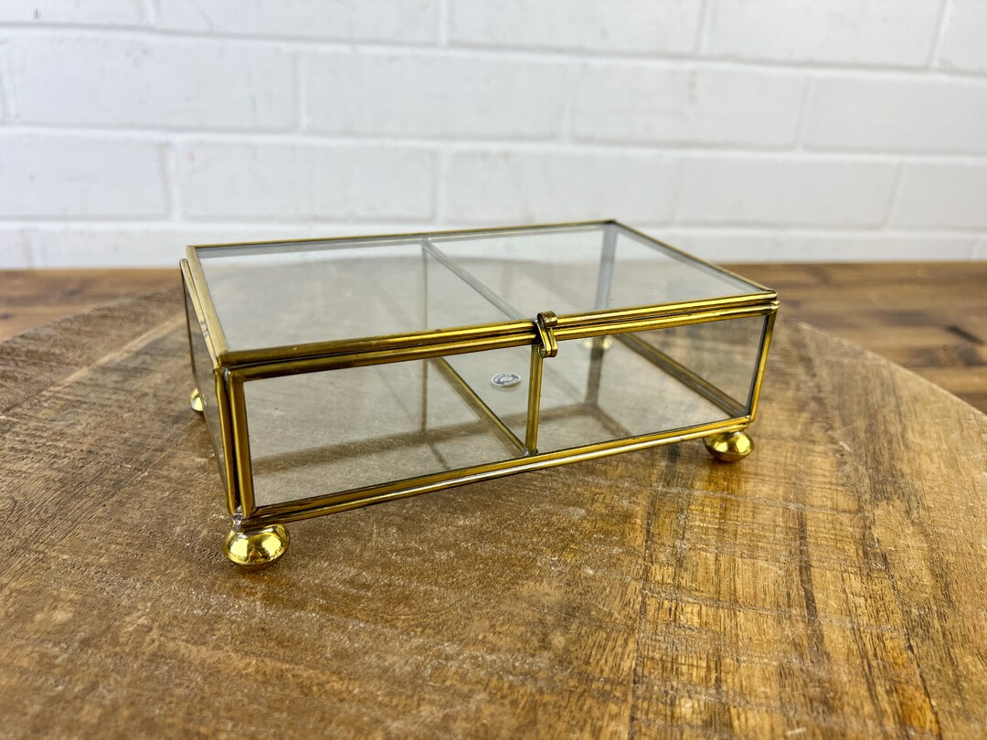 Vintage Decorative Gold Metal Clear Glass Box Trinket Container Jewelry ...
