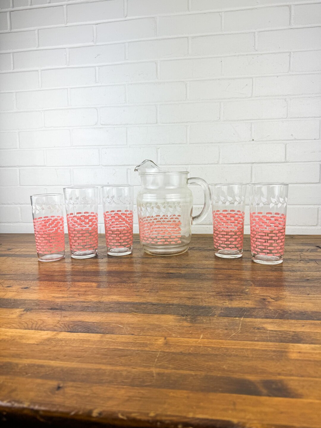 Vintage Pink and White Glass Pitcher Set 1950's Federal Glassware Pink ...