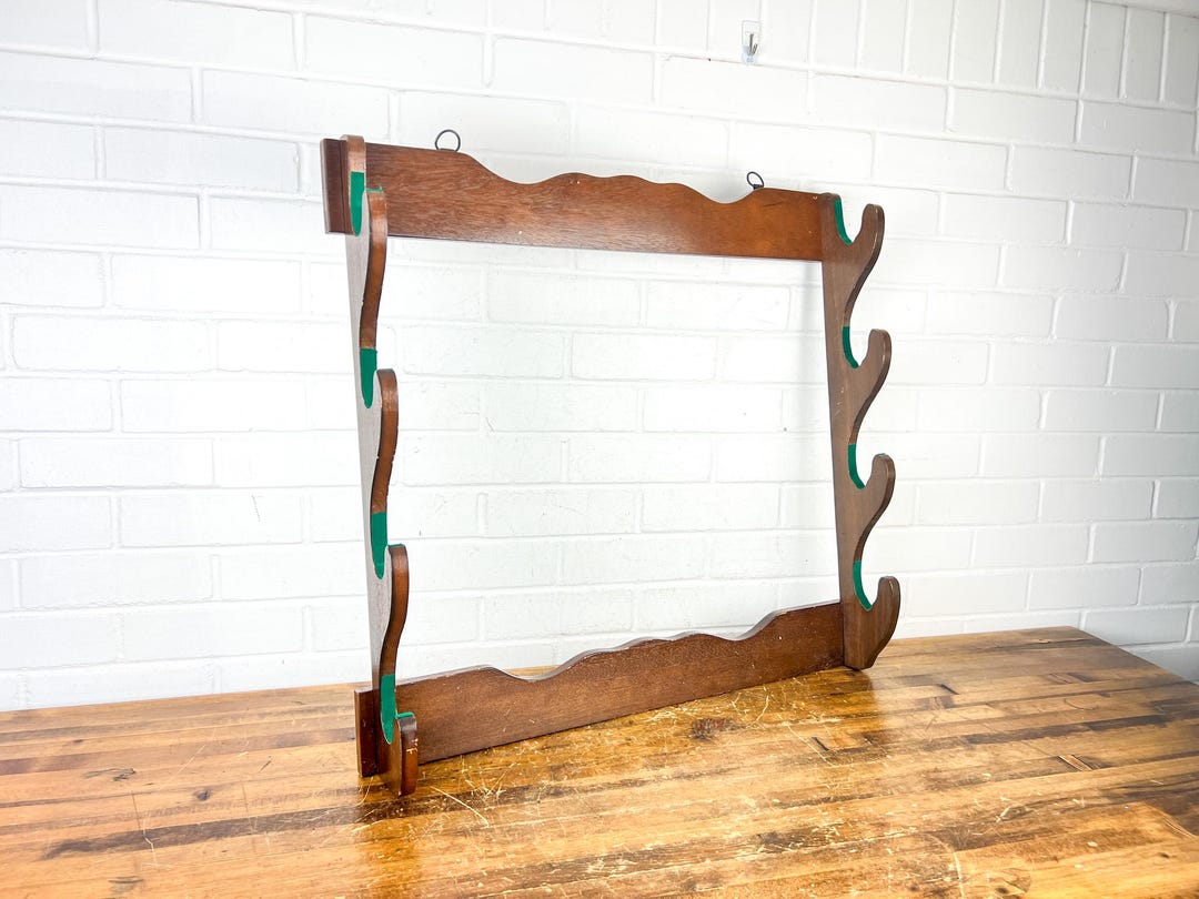 Vintage Wooden Gun Rack • 4-gun Wall Mount • Dark Wood Rack With Green ...