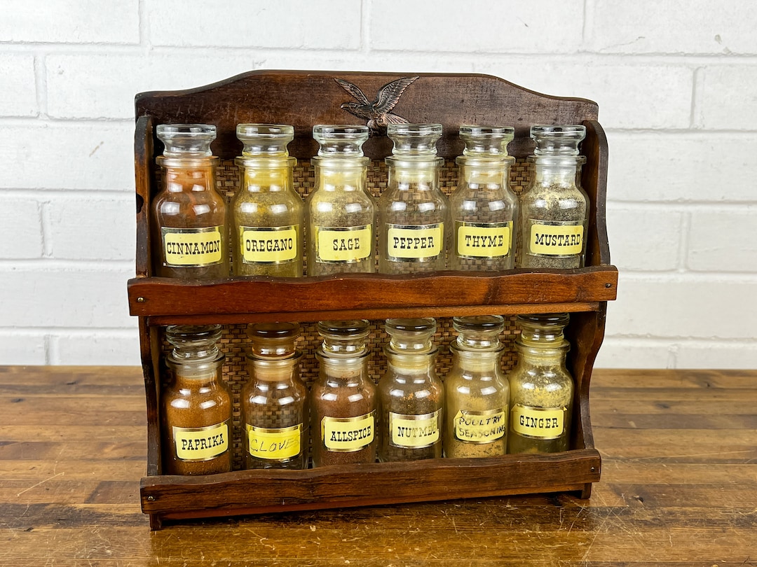 11x10 Vintage Brown Wood Wall Spice Rack With 12 Glass Apothecary ...