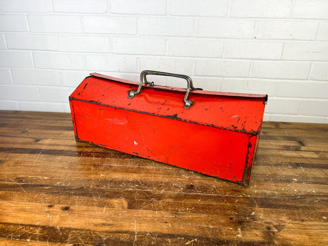 Large Distressed Vintage Orange Tool Box Orange Red Metal Box Tool ...
