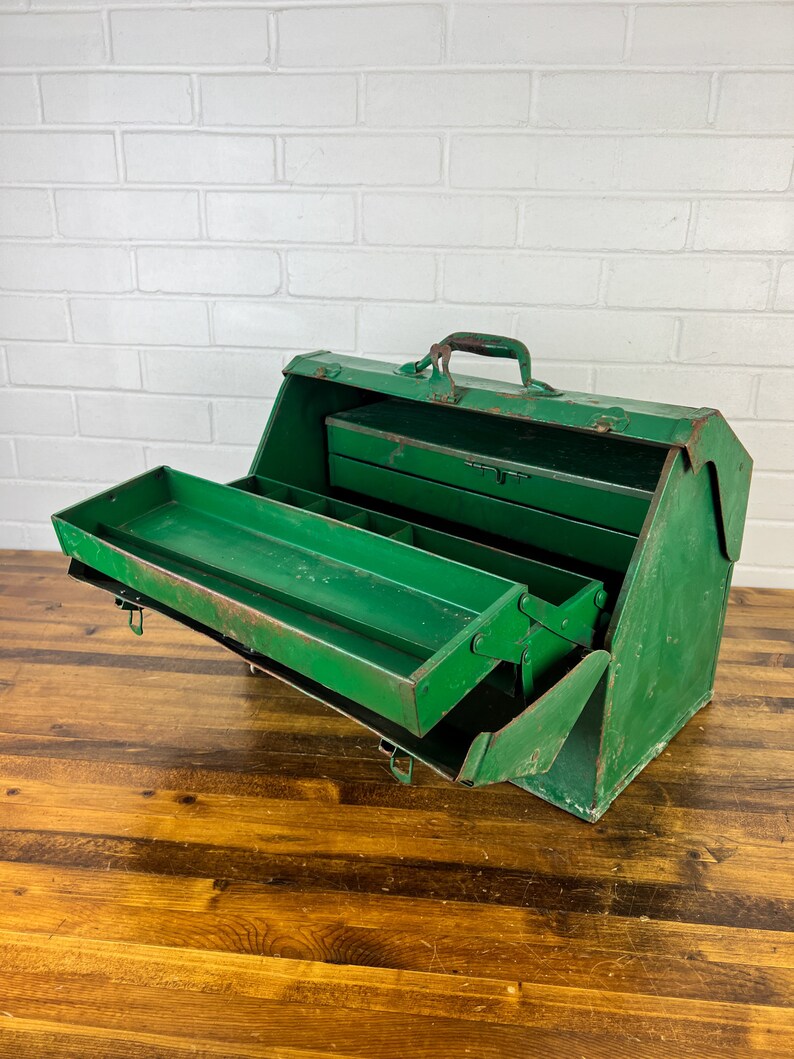 Large Vintage Green Metal Tool Box With 2 Trays XL Distressed - Etsy