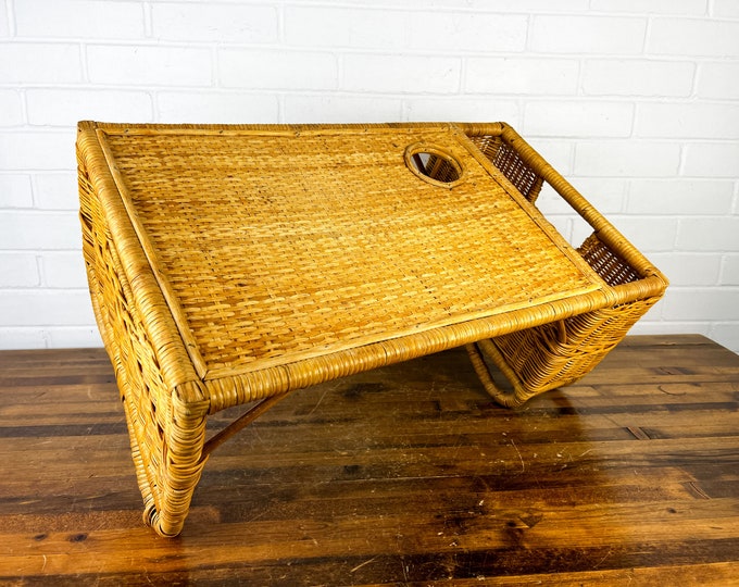 Vintage Wicker Bed Tray With Cup Holder and Storage Area Slot Brown ...