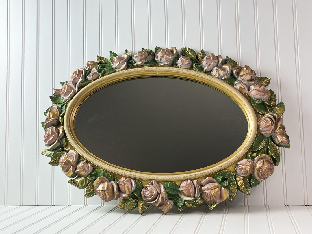 27x19 Vintage Oval Pink Rose Wall Mirror Plastic Home Interiors Brand ...