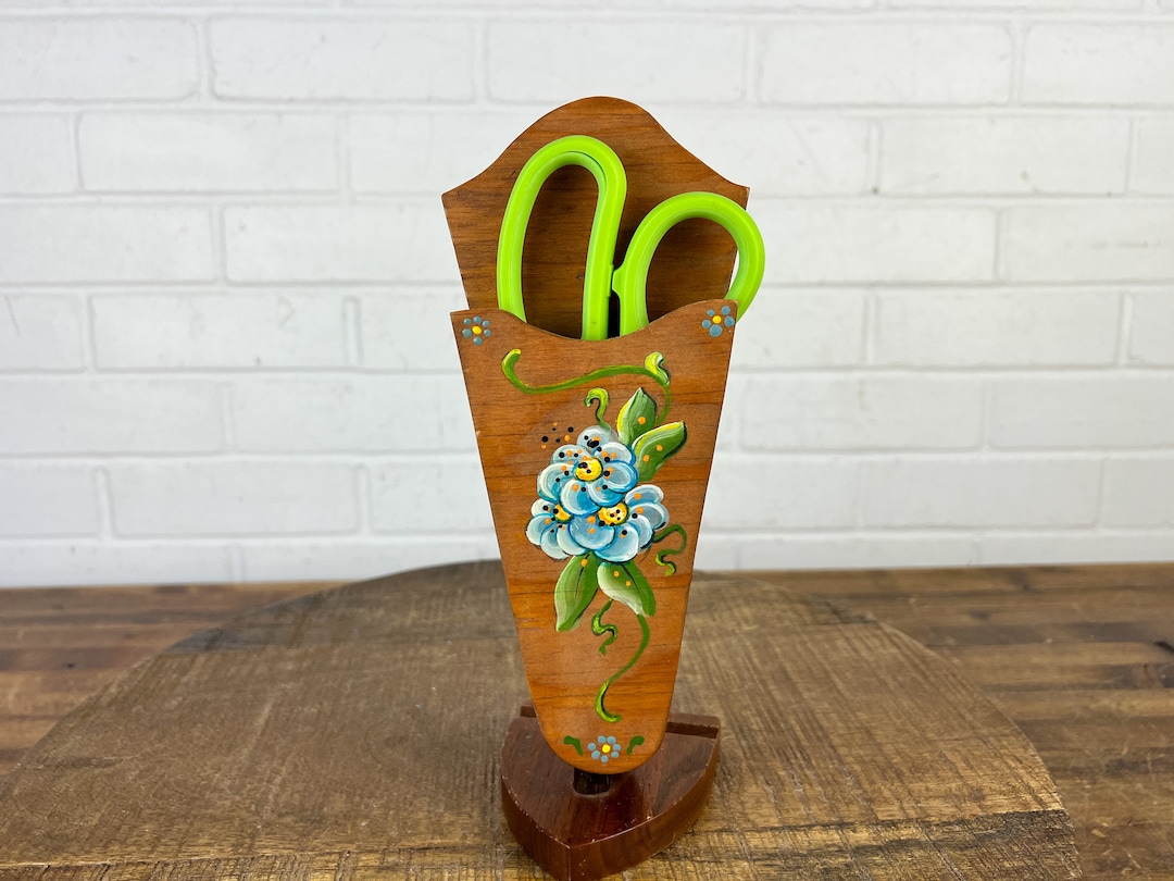Vintage Handmade Wooden Scissor Holder With Blue Flowers Wood Holder ...